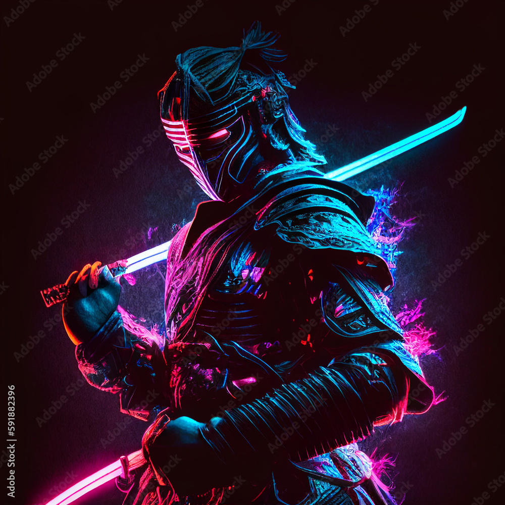 Neon Corrupted Samurai Male Holding Samurai Sword - A Neon Corrupted ...