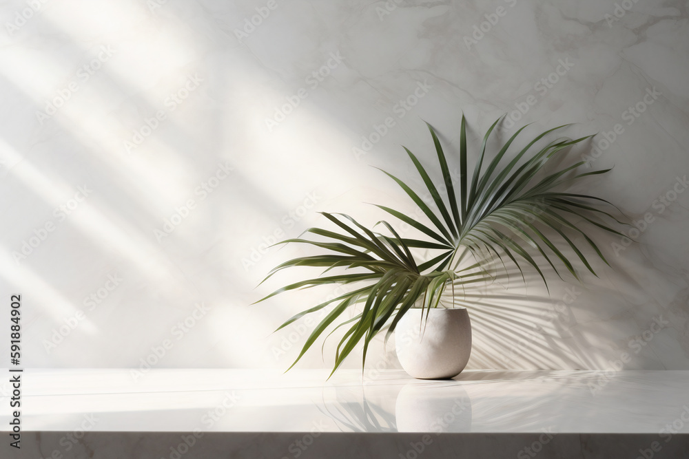 Modern minimal empty white marble stone counter table top, palm tree in ...