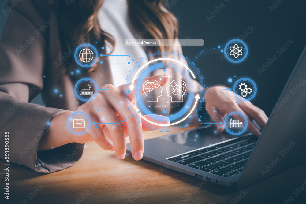 Woman using technology smart robot AI, Artificial intelligence by enter command prompt for ...