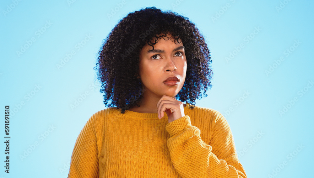 Confused, face and thinking by black woman in studio, pensive and ...