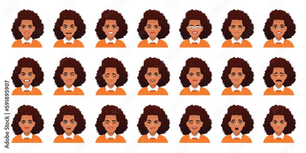 Set of different emotions of a cute black woman with black curly hair ...