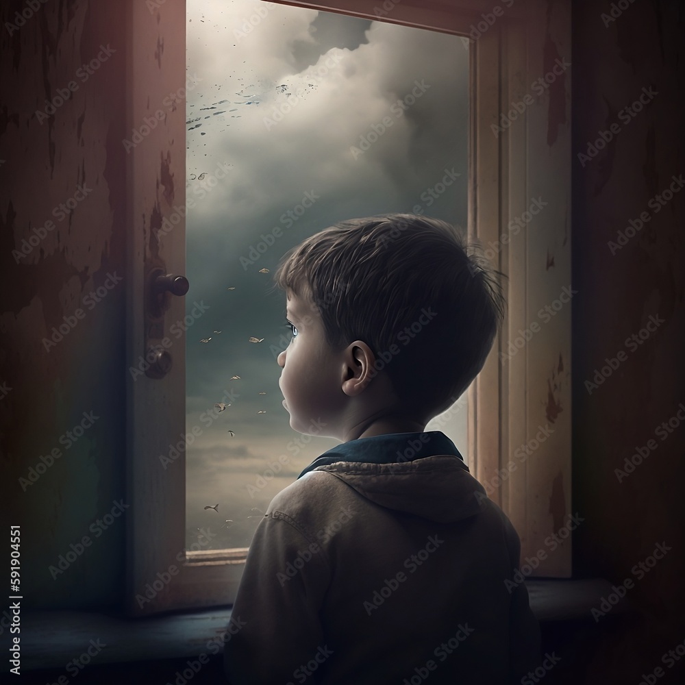 Sad Boy Looking out the Window, Idea For Imagination And Dream Concept ...