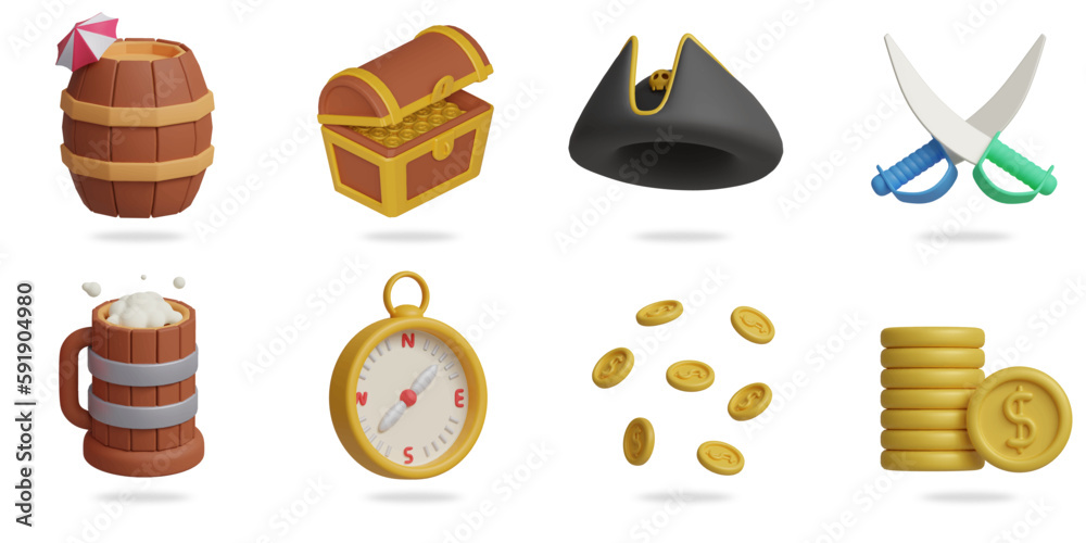 pirate 3D vector icon set. wooden barrel,treasure chest,pirate hat ...