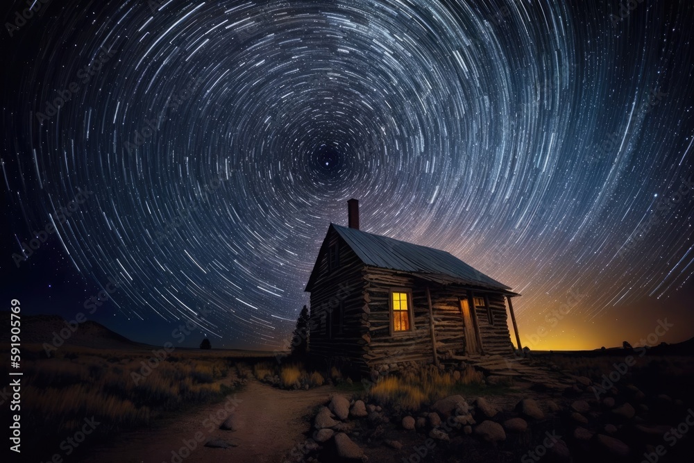 rustic log cabin in a peaceful field beneath a twinkling night sky ...
