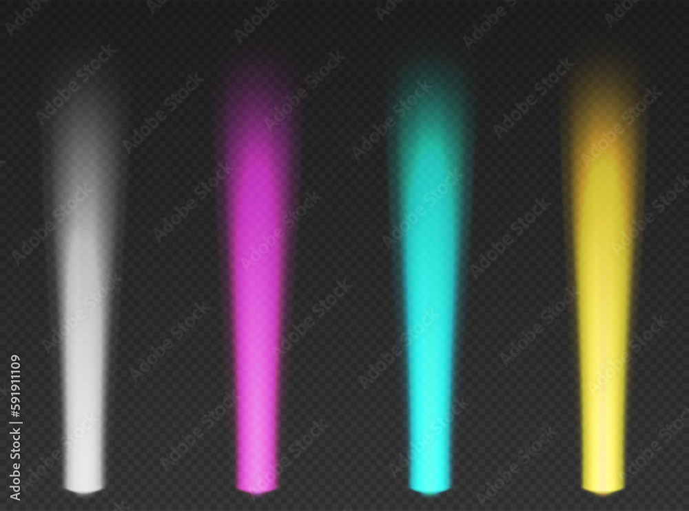 Four colored searchlights in the air. Cone lights from bottom with ...