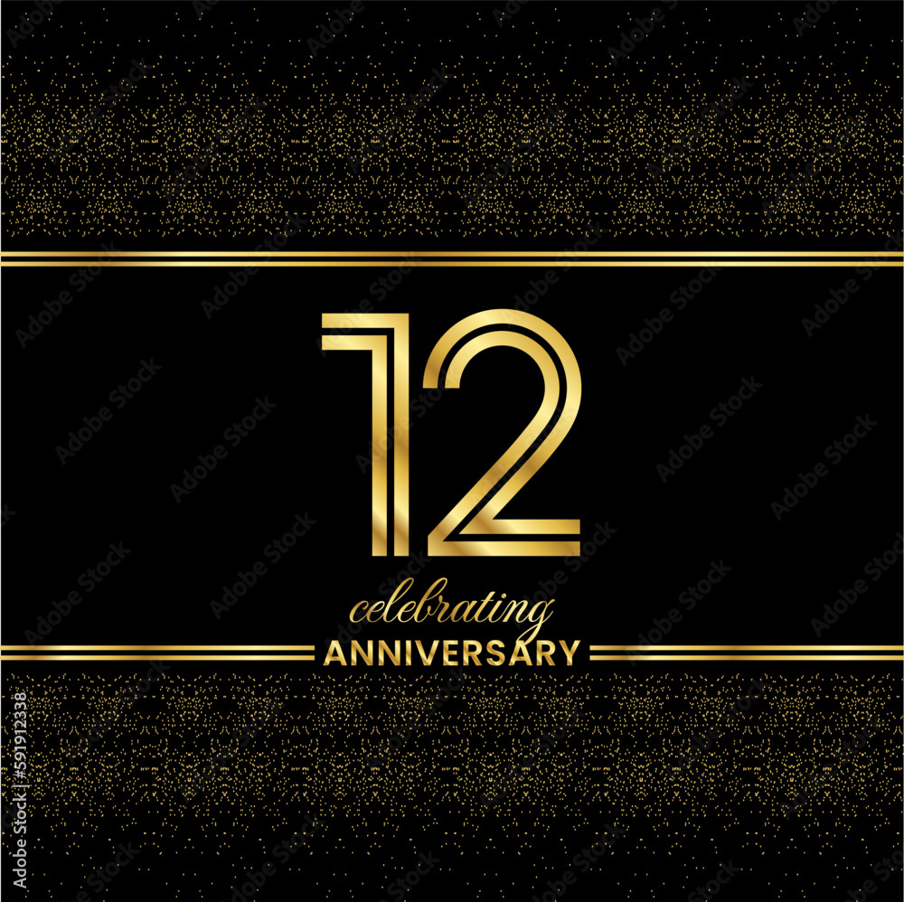 12 Golden Double Line Number. 12 Anniversary invitation cover with glitter separated by golden ...