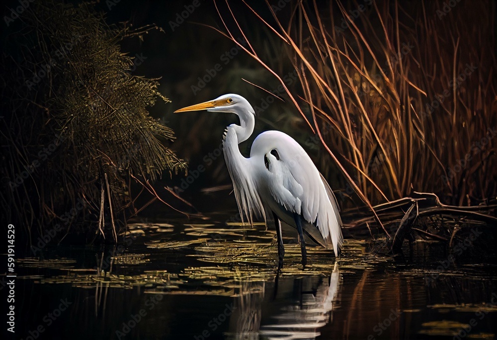 Great white egret hunting in wetland Ardea alba in natural habitat ...