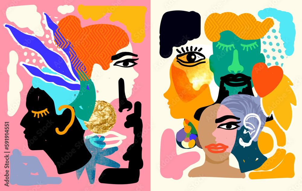 A collection of Bold modern abstract people faces compositions made ...