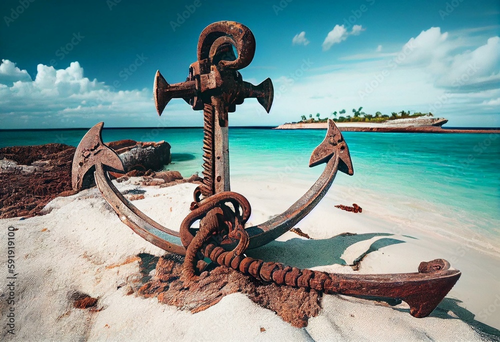Old and rusty anchor of a pirate ship on the beach of an island, sea in ...