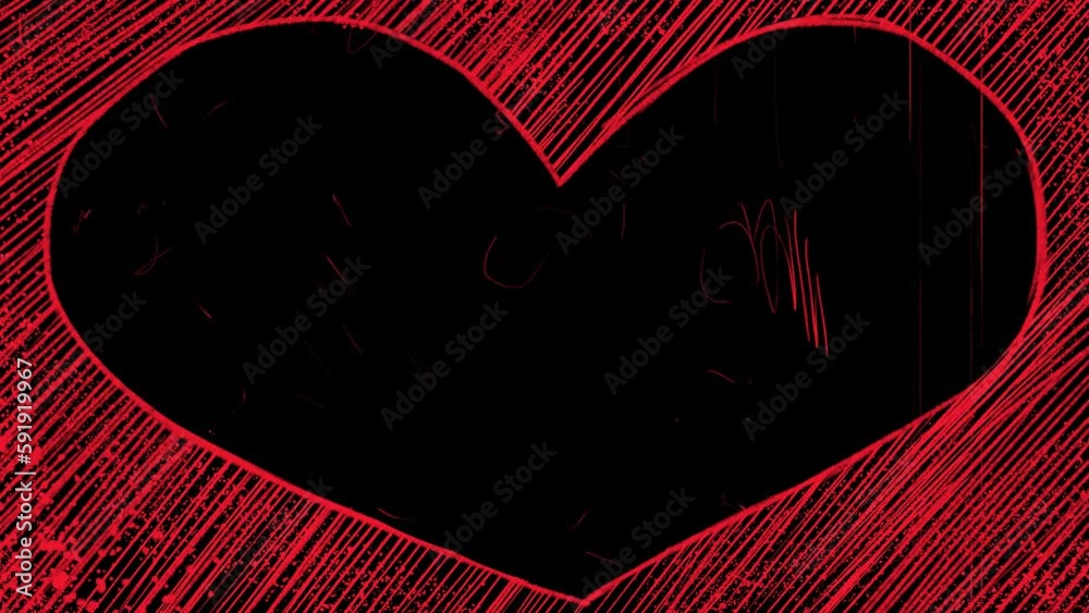 Red frame in the shape of a heart with scratches on a black screen ...