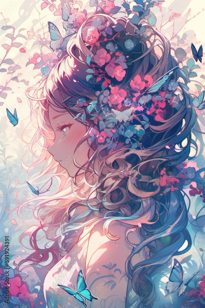 Anime girl portrait, spring goddess, flower forest, full of light, made ...
