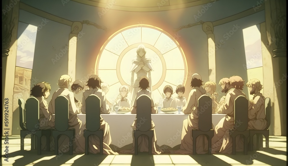 Well lit anime of Jesus The Last Supper all eating salad symmetrical ...