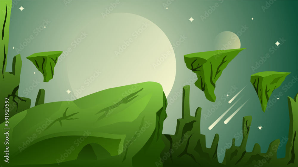 Science fiction landscape vector illustration. Floating island ...