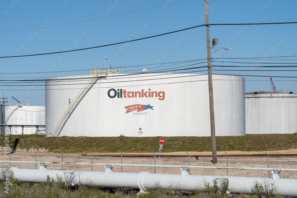 Texas City, TX, USA - March 12, 2022: A Oiltanking sign on the oil tank ...