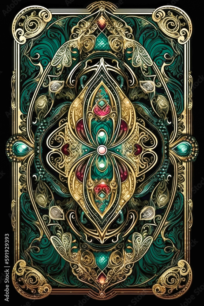 Ornamental fantasy card deck back design with gems and gold filigree ...