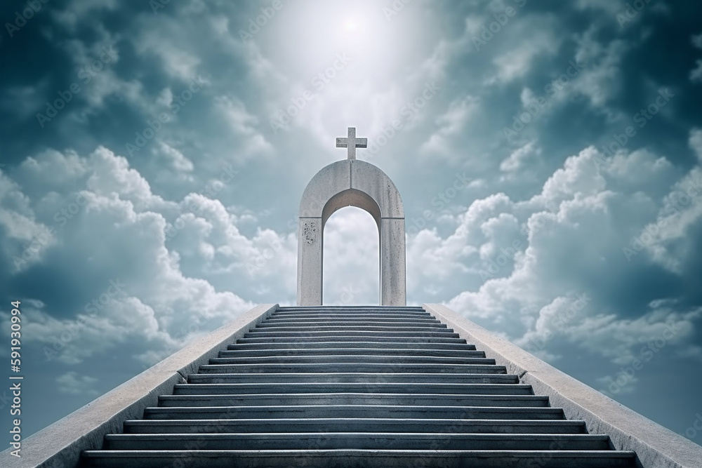 The gates of heaven, with a grand staircase leading up to an arch with ...