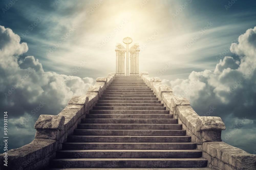 The gates of heaven, with a grand staircase leading up to an arch with ...