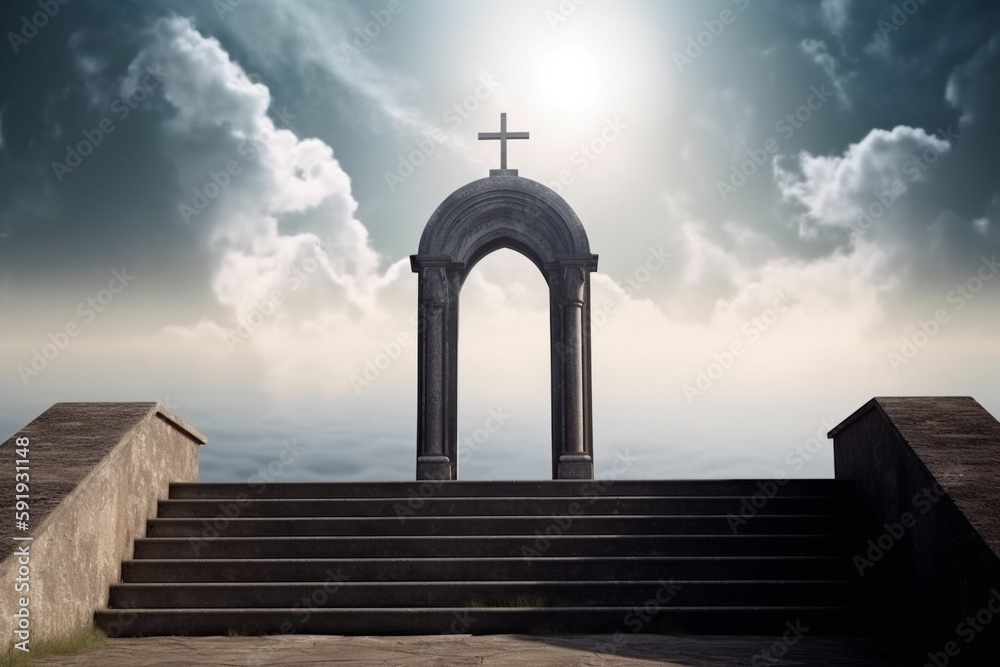 The gates of heaven, with a grand staircase leading up to an arch with ...