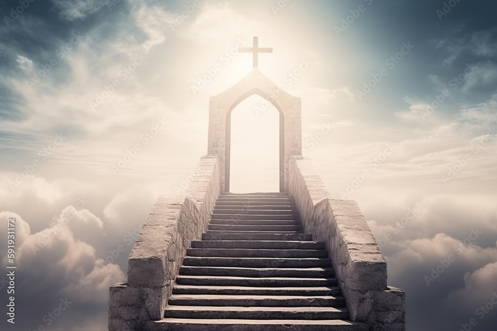 The gates of heaven, with a grand staircase leading up to an arch with ...