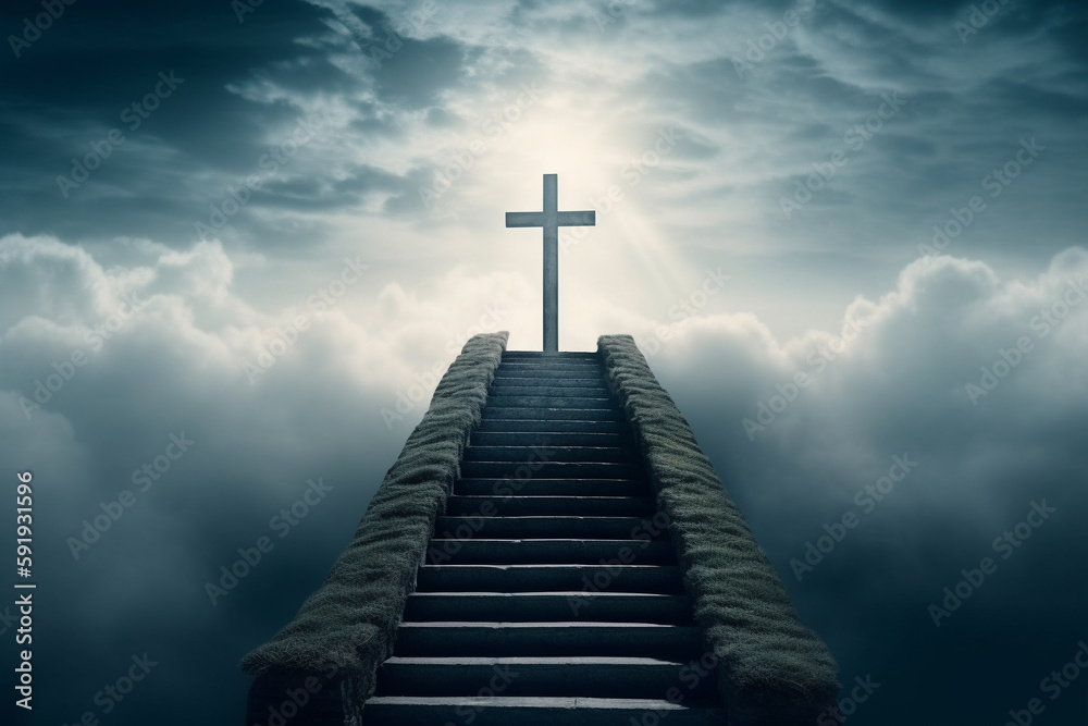 The gates of heaven, with a grand staircase leading up to an arch with ...