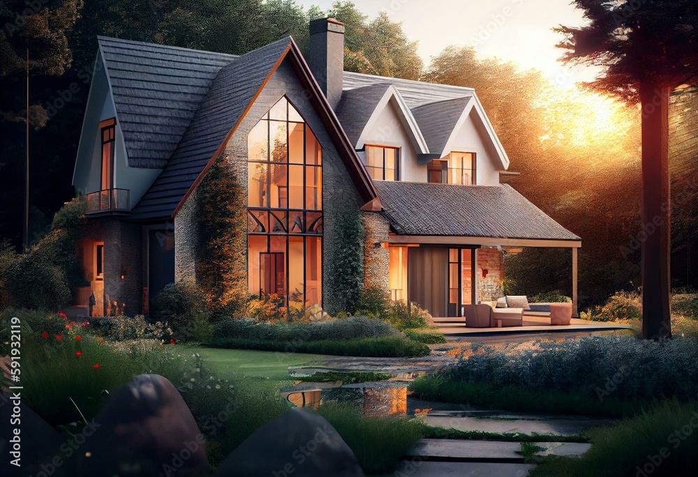 Real estate architecture, illustration of modern luxury country house ...