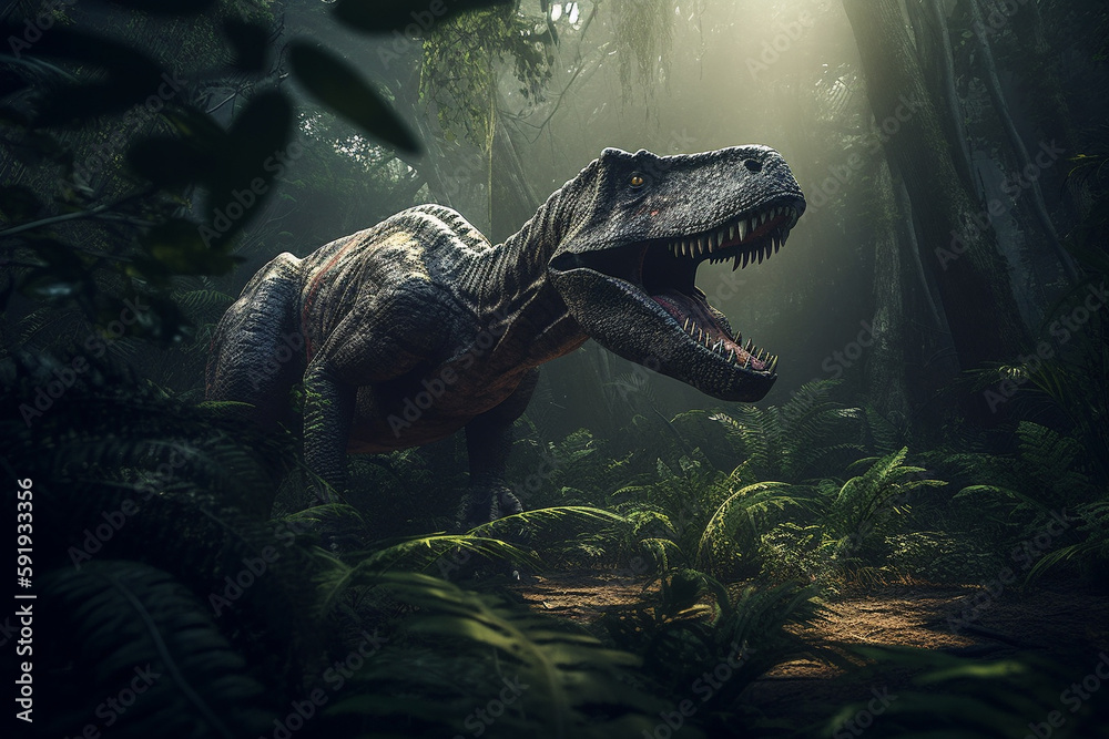 T-Rex dinosaur in the jungle, with its mouth open in a menacing growl ...