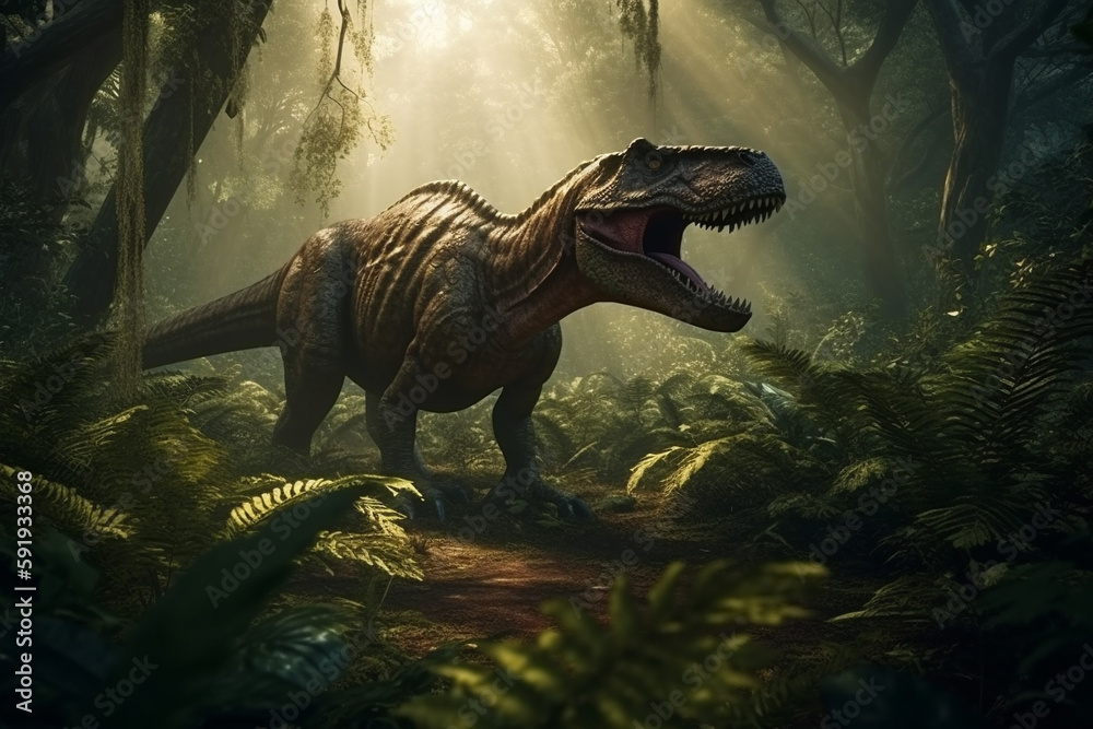 T-Rex dinosaur in the jungle, with its mouth open in a menacing growl ...