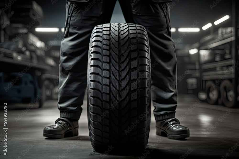 tire at repairing service garage background. Technician man replacing ...
