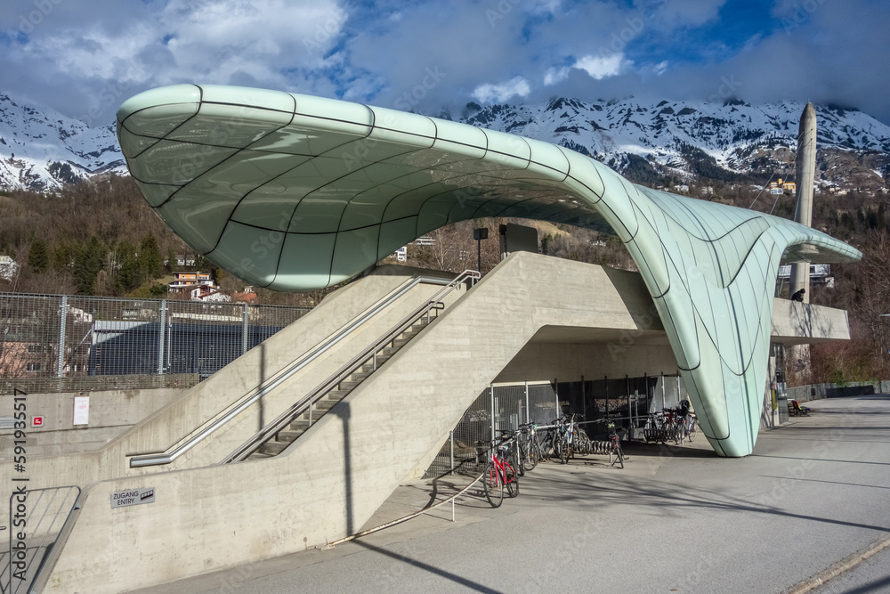 INNSBRUCK, AUSTRIA - February 28. 2020: Funicular station designed by ...