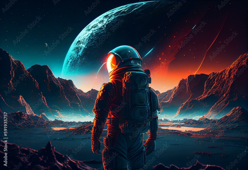 astronaut in spacesuit on alien planet in space night background new ...