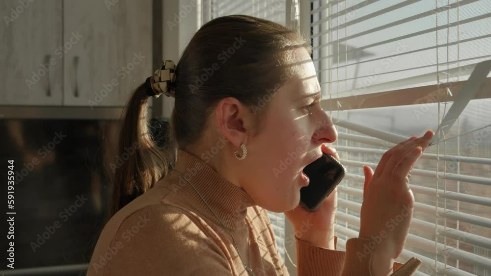 Terrified scared woman saw crime on street and calling a police. Crime ...