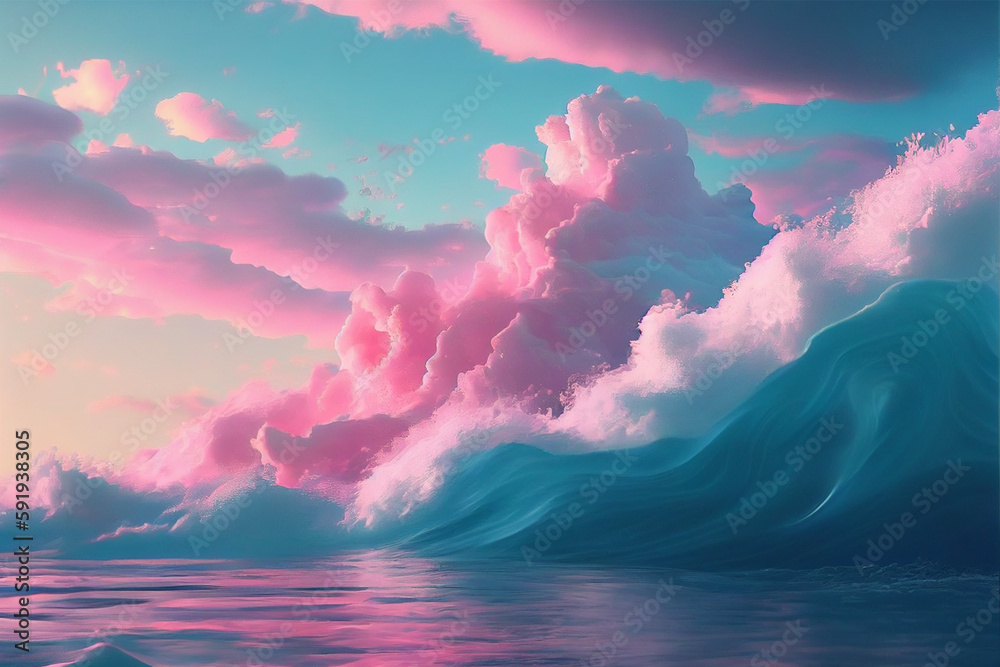 Wave of water and clouds in pastel colors and a pink and blue hues ...