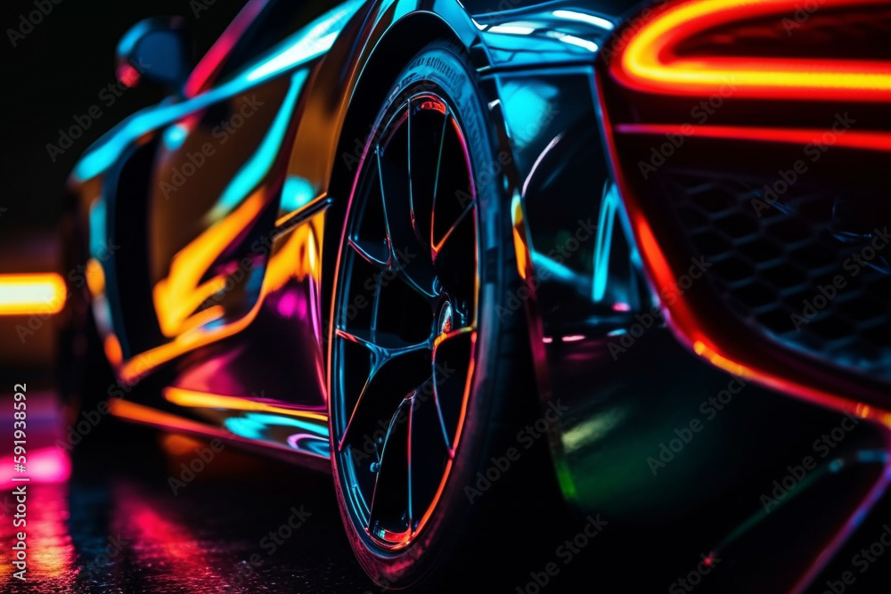 Wheel rim of a speed sports car with vibrant colors and neon lights ...