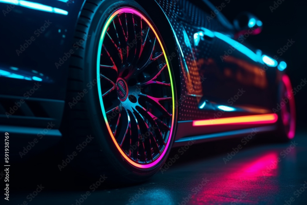 Wheel rim of a speed sports car with vibrant colors and neon lights ...