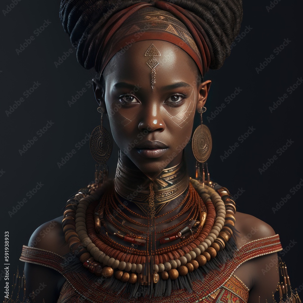 Fictional AI Tribal African woman in traditional African clothes ...