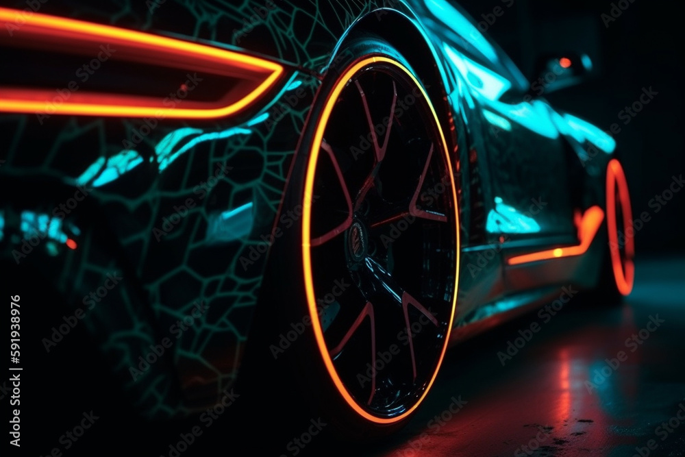 Wheel rim of a speed sports car with vibrant colors and neon lights ...