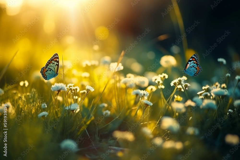 Beauty of spring with a field filled with blue butterflies and rays of ...