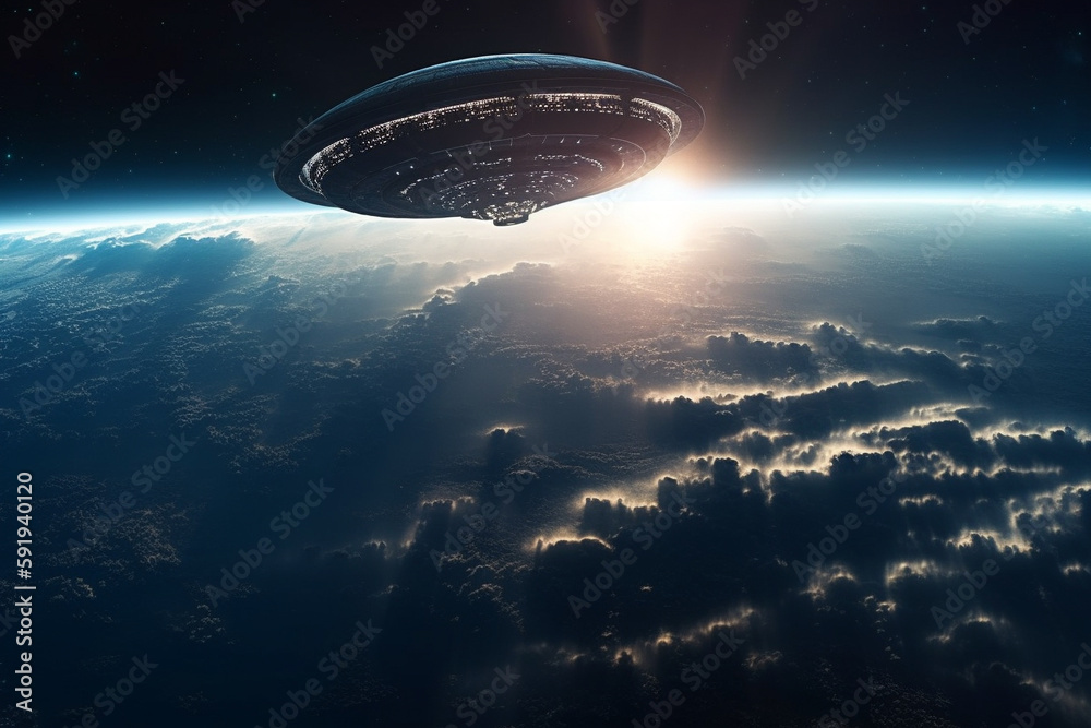UFO approaching Earth from space, with a sense of mystery and intrigue. Alien encounter concept ...