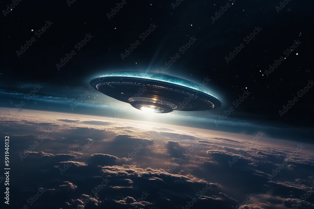 UFO approaching Earth from space, with a sense of mystery and intrigue. Alien encounter concept ...