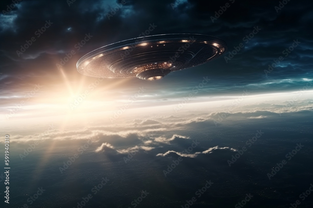 UFO approaching Earth from space, with a sense of mystery and intrigue. Alien encounter concept ...