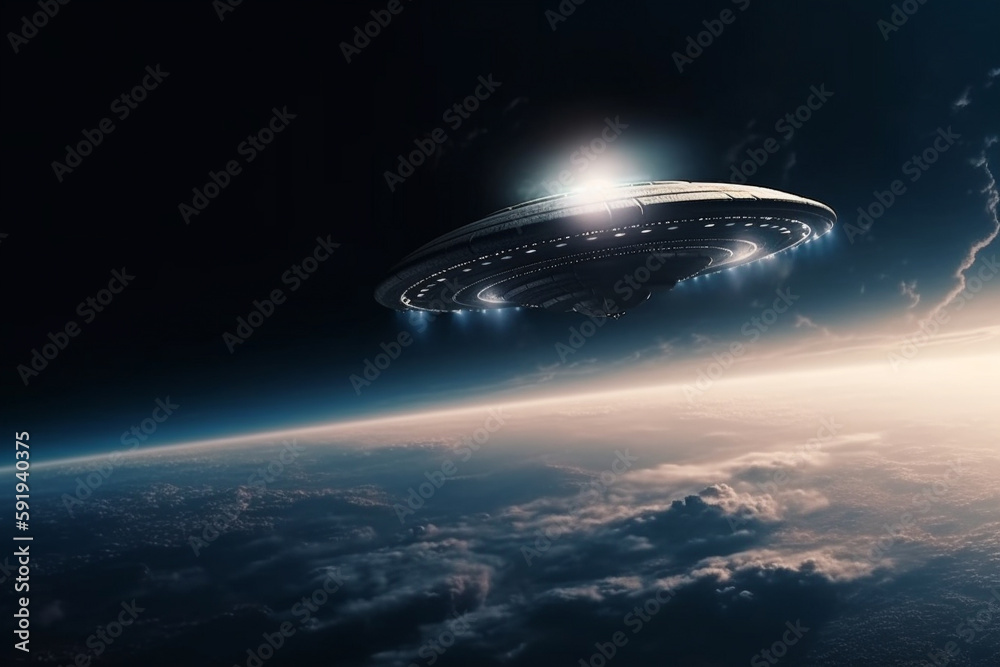 UFO approaching Earth from space, with a sense of mystery and intrigue. Alien encounter concept ...