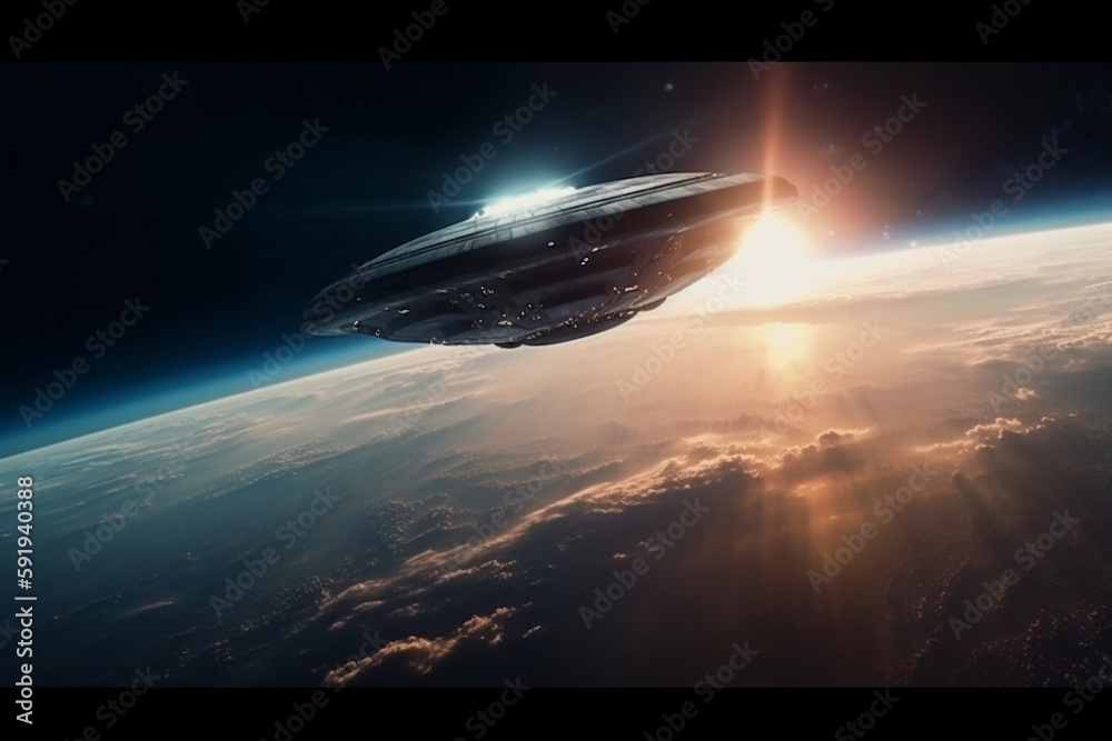UFO approaching Earth from space, with a sense of mystery and intrigue. Alien encounter concept ...