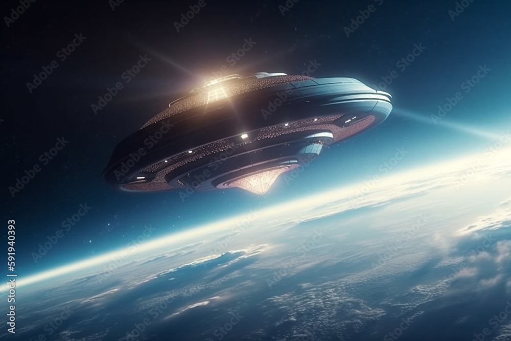 UFO approaching Earth from space, with a sense of mystery and intrigue. Alien encounter concept ...