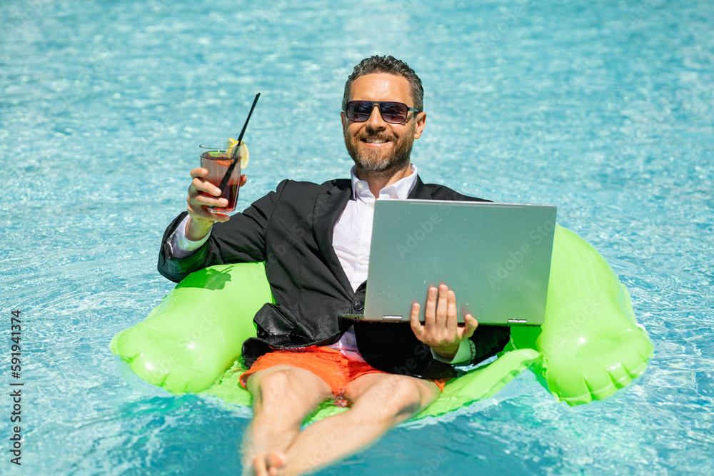 Summer business dreams. Millennial business man in suit floating with ...