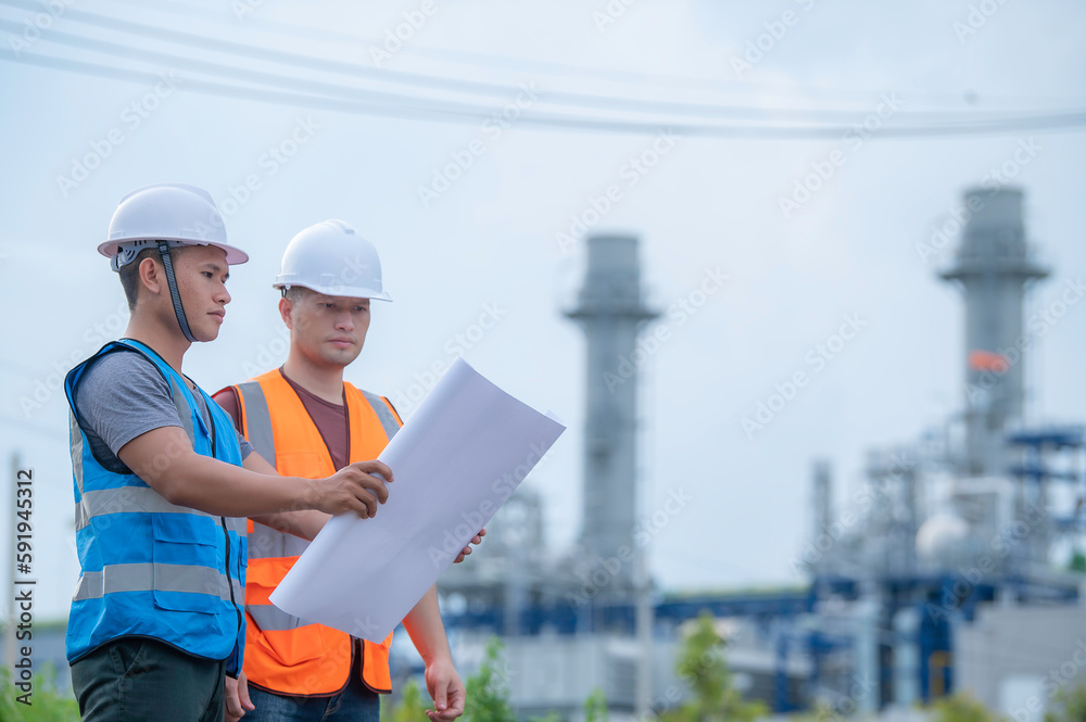 Two engineer working at power plant,Work together happily,Help each ...