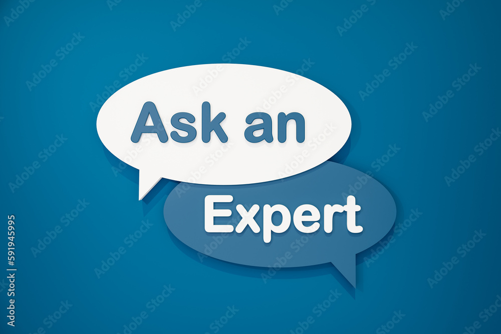 Ask an Expert - cartoon speech bubble. Text in white and blue against a ...