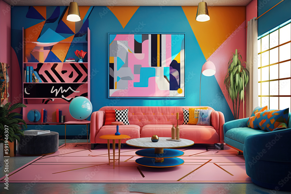 A Memphis-inspired interior design room incorporates bold colors ...