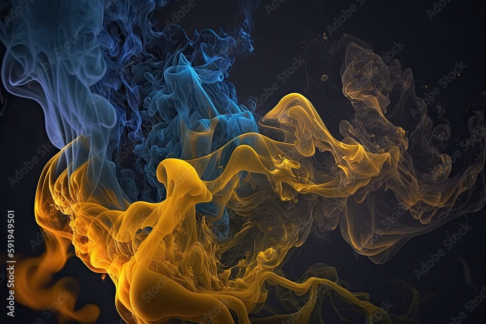 Abstract blue and yellow smoke flowing and growing. Creative background ...