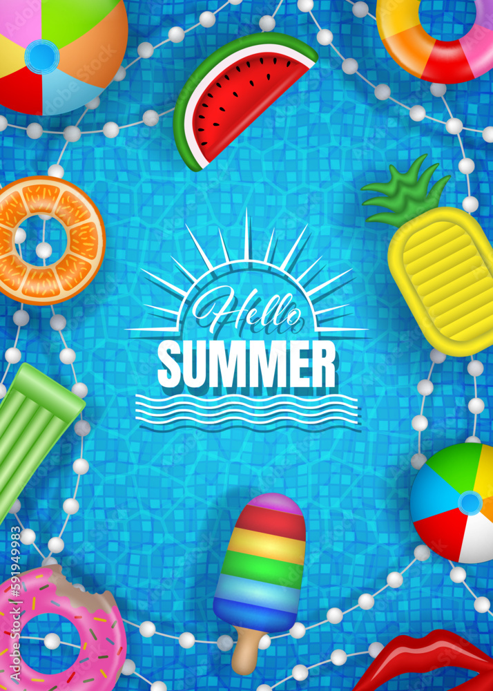 Hello Summer background with colorful inflatables on pool water. Summer ...