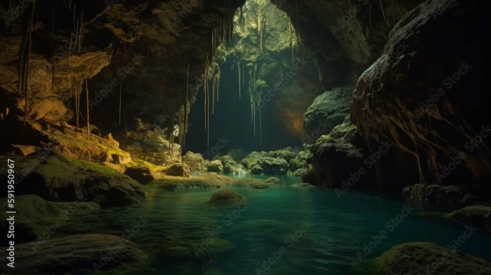 Generative AI in a cave with an underground river and waterfall Stock ...